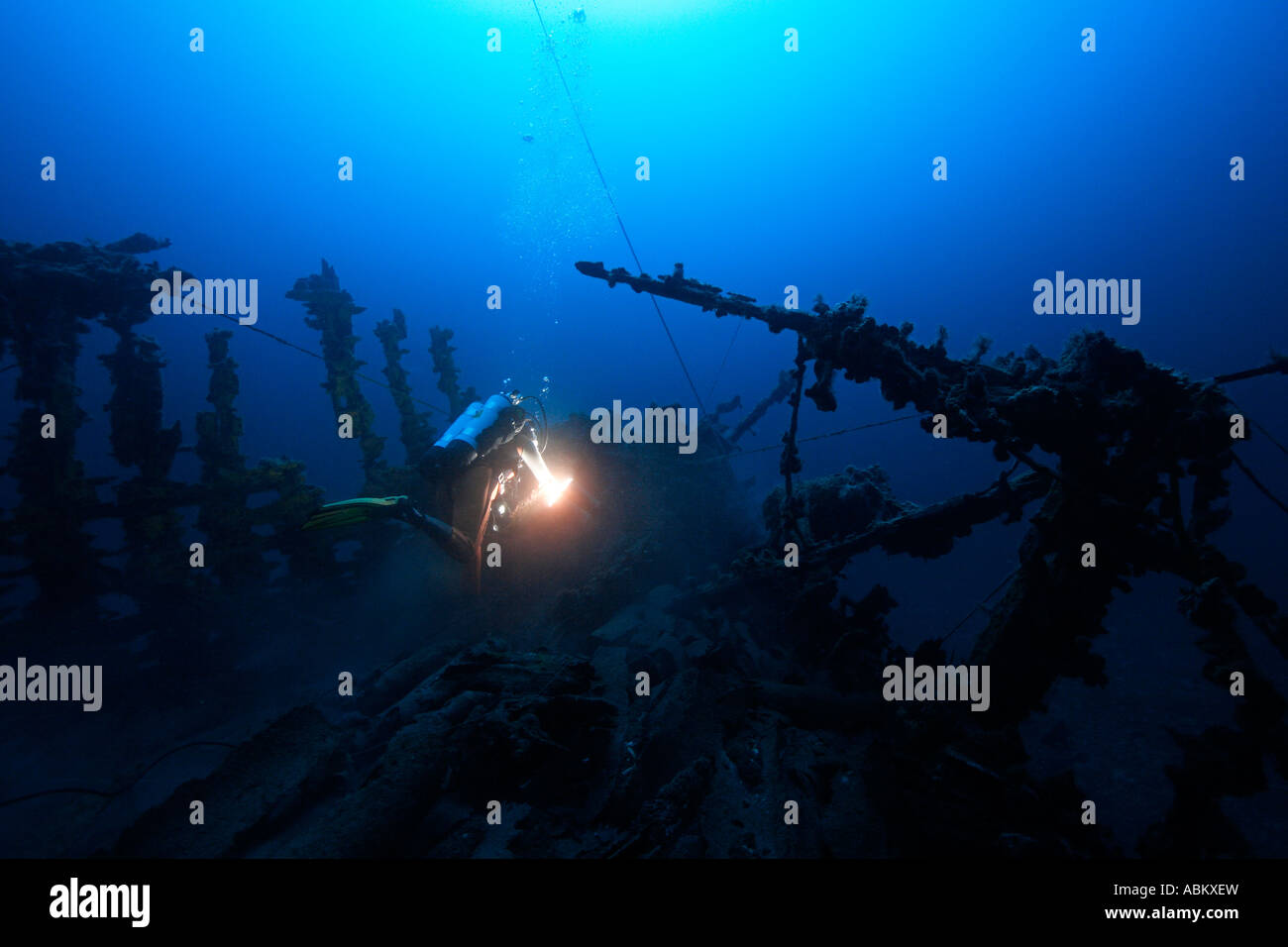 scuba diver on a ship wreck Stock Photo - Alamy