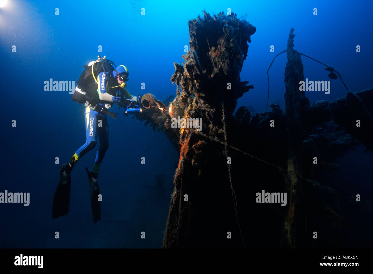 scuba diver on a ship wreck Stock Photo - Alamy
