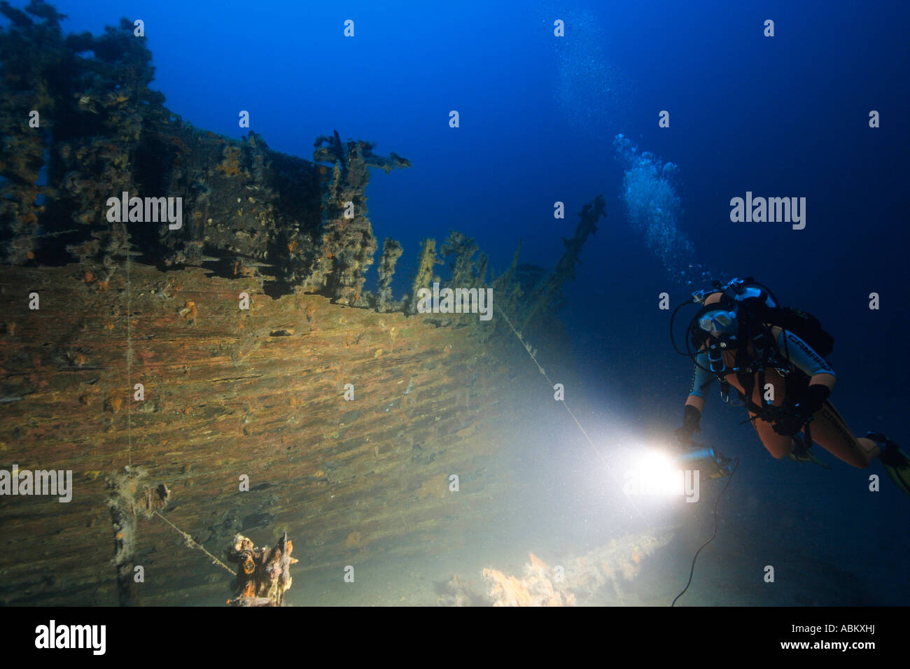 scuba diver on a ship wreck Stock Photo - Alamy
