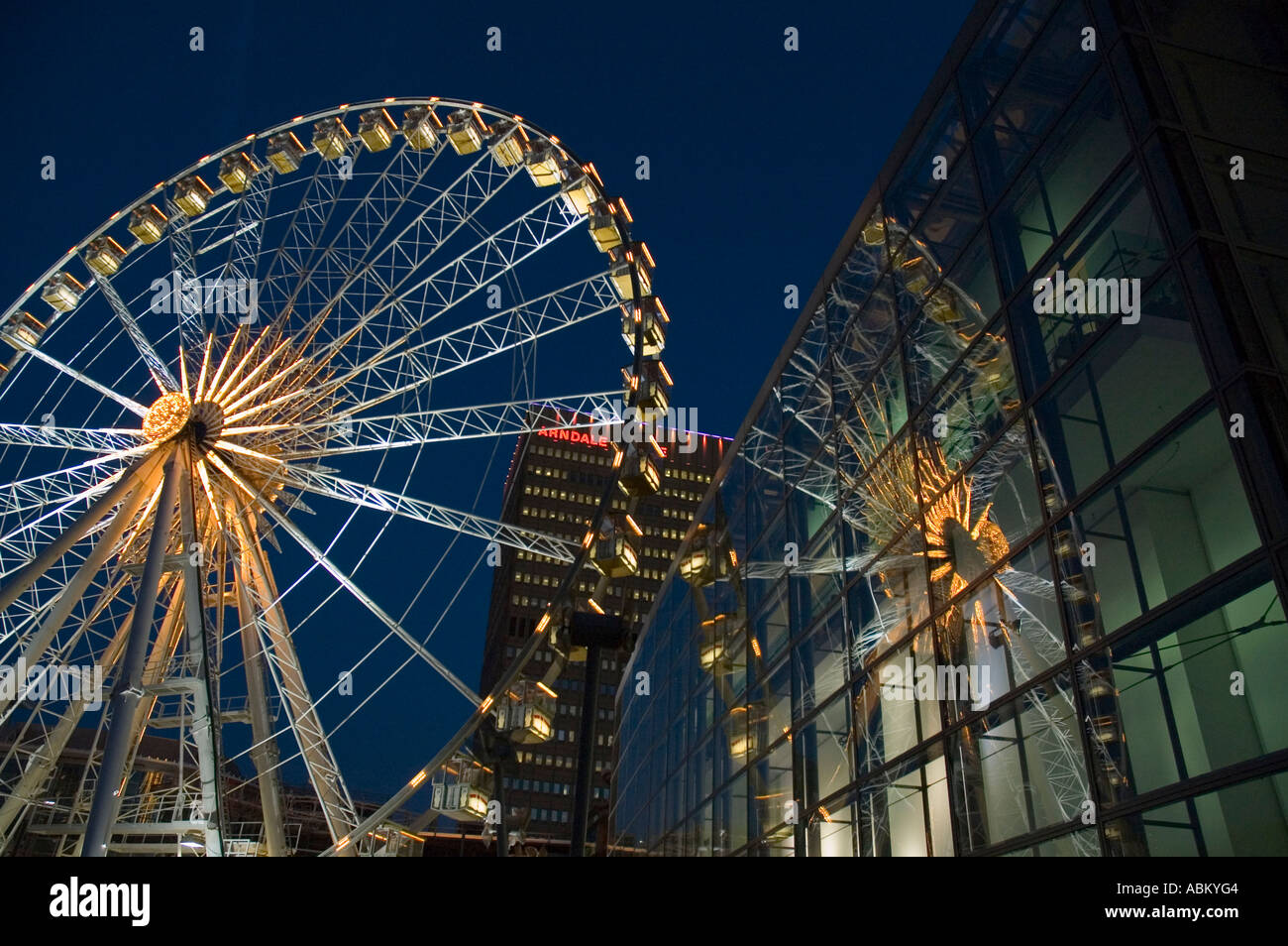 Ferris wheel at night in Exchange Square, Manchester, England, UK ...