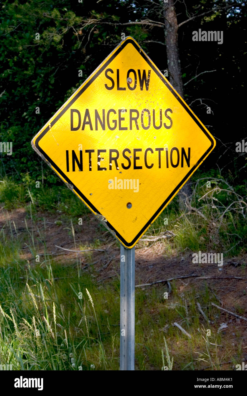 Yellow warning sign for dangerous intersection. Danbury Wisconsin WI ...