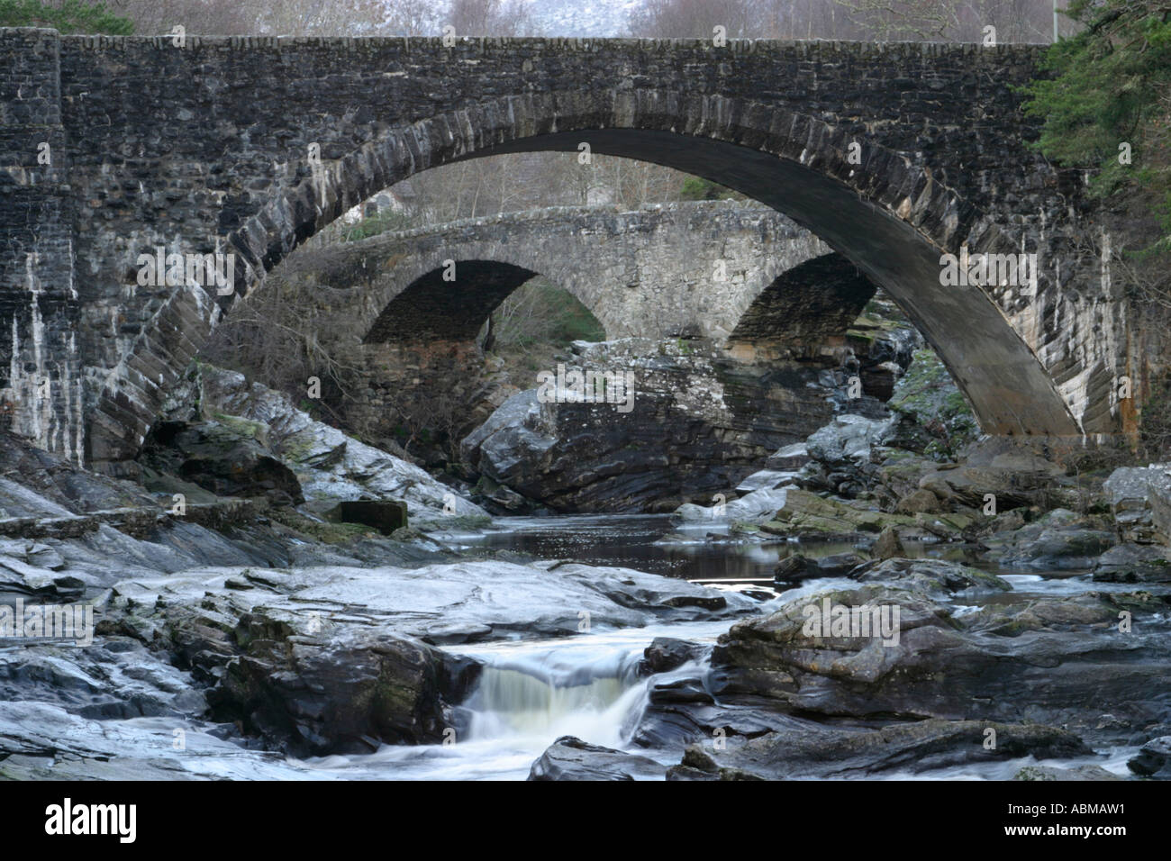 twin stone arch bridges river into loch ness scottish highlands Stock ...
