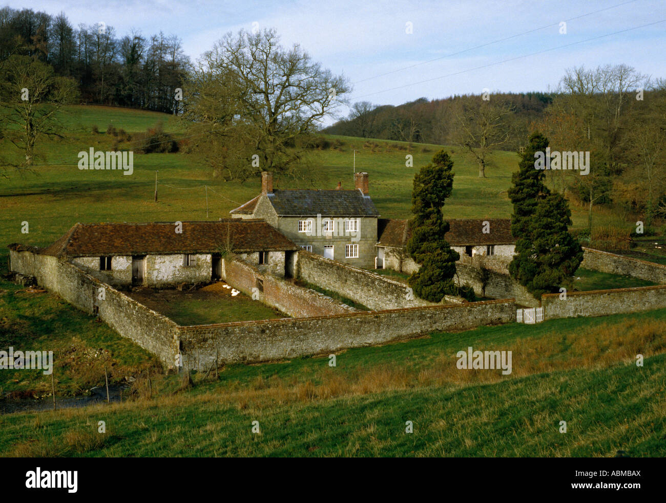 Old farmhouse with walled yard near Stourton on the Dorset-Wiltshire ...