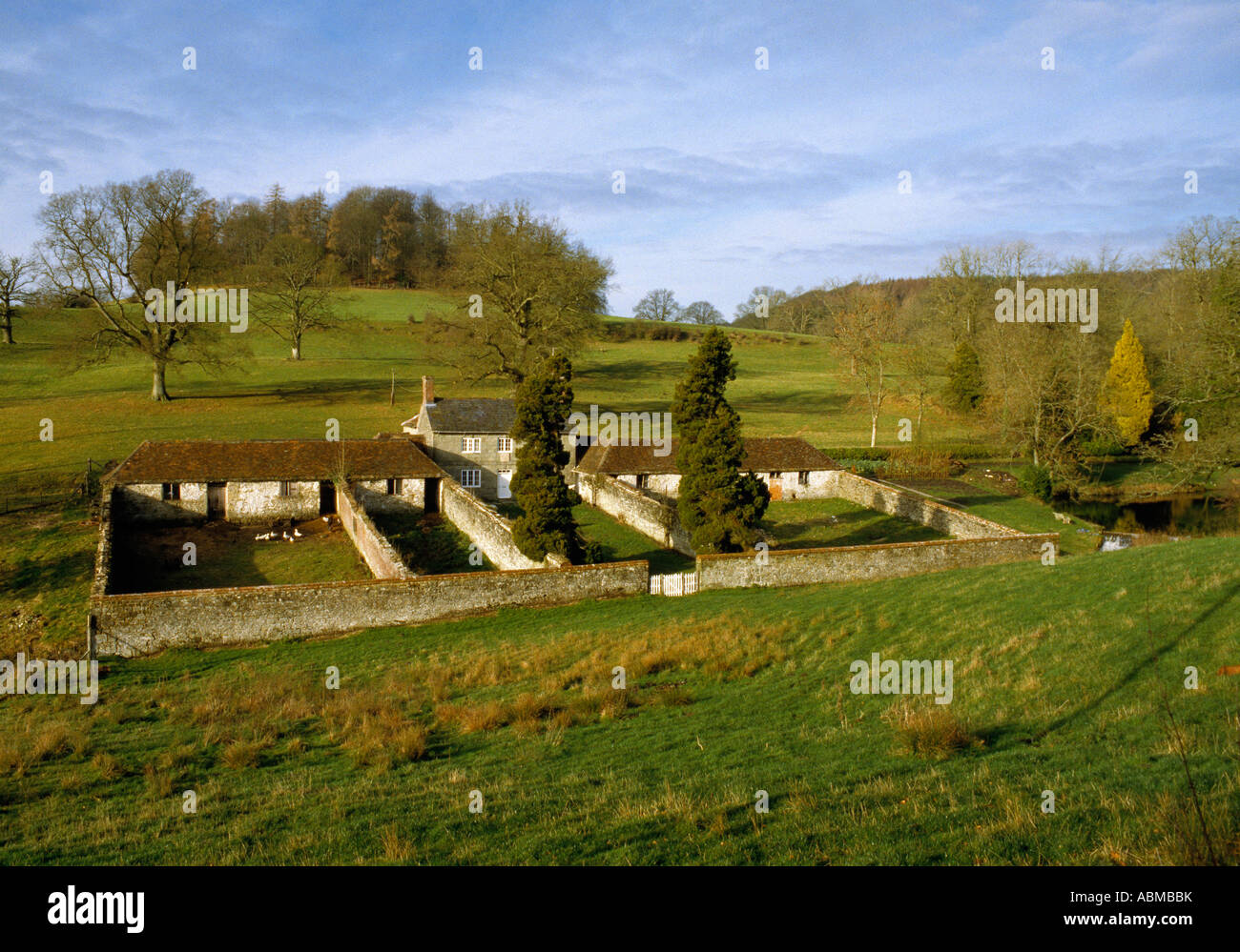 Old farmhouse with walled yard near Stourton on the Dorset-Wiltshire ...
