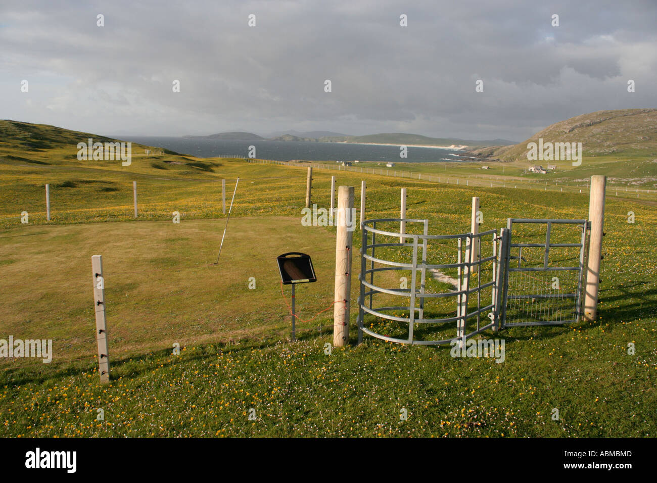 isle of barra golf course green enclosed by fence to keep sheep out ...