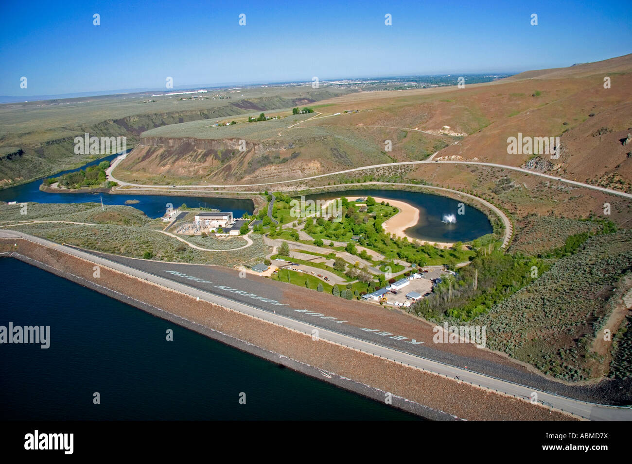 Aerial view of Sandy Point Park and Lucky Peak hydroelectric dam and ...