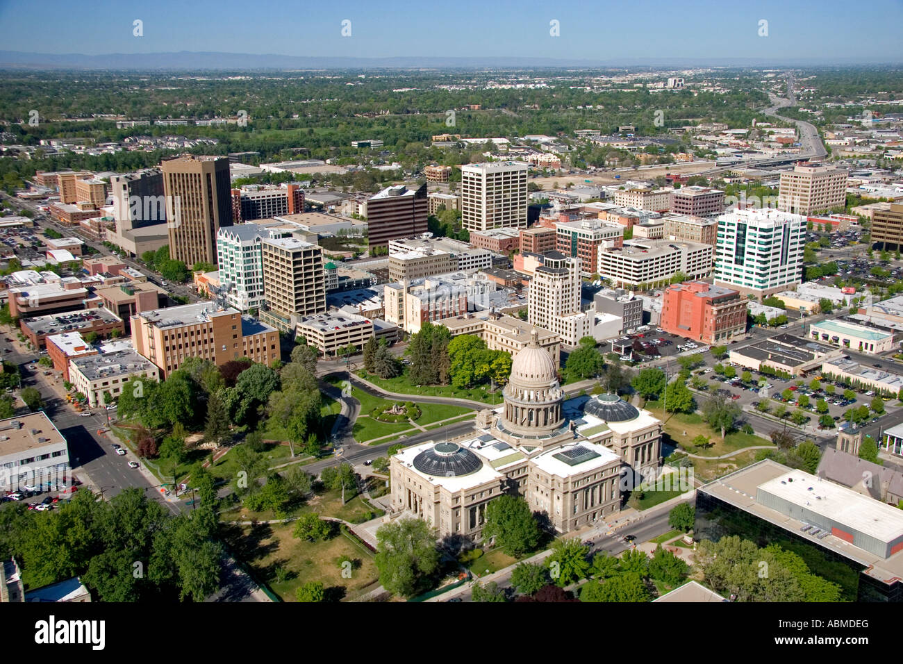 Aerial view of downtown Boise and the state capitol building in Idaho ...