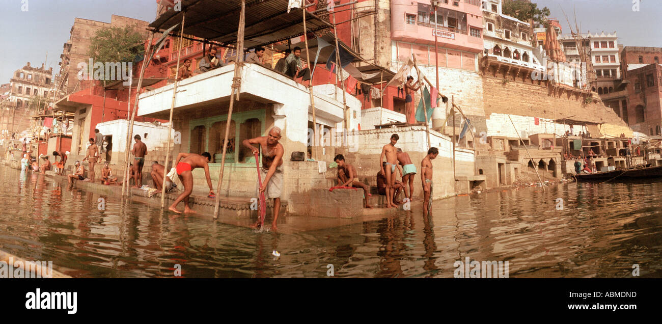 Bathers on the ghats on the Ganges, Varanasi, Uttar Pradesh, India ...