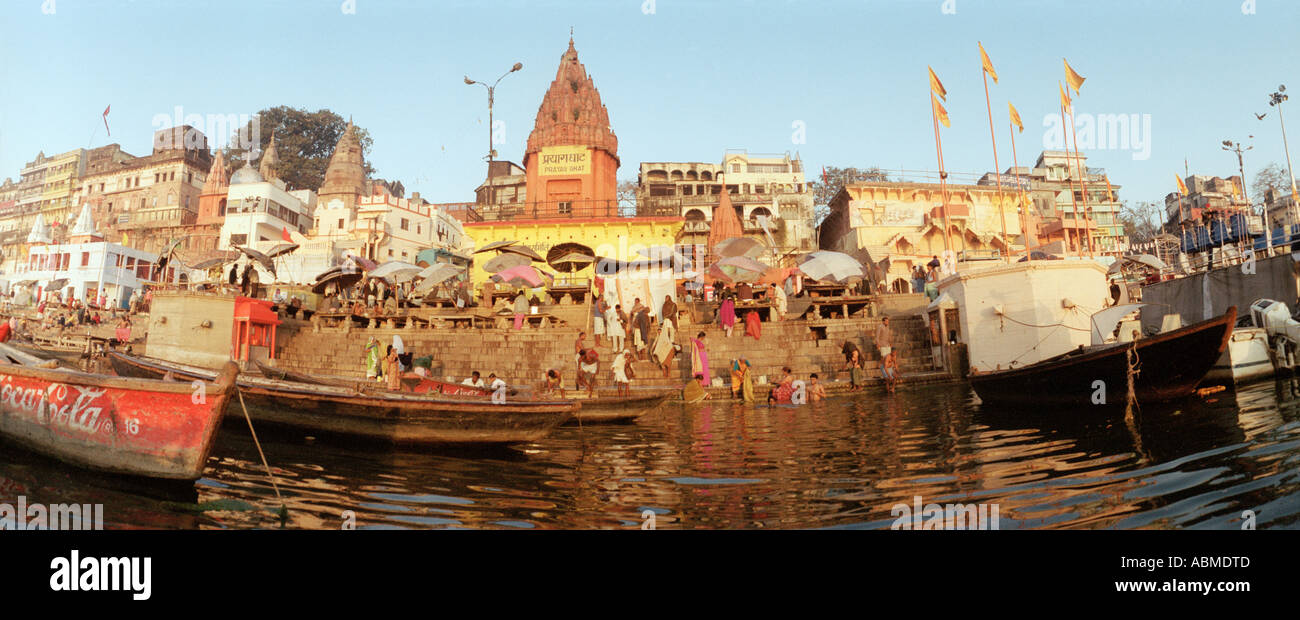 Bathers and boats at the Prayag Ghat on the Ganges in Varanasi, Uttar ...