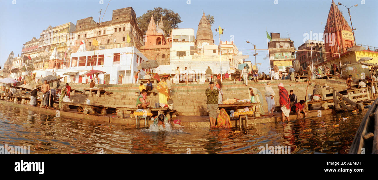 Bathers on a ghat on the Ganges in Varanasi, Uttar Pradesh, India Stock ...