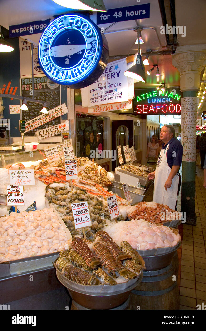 A seafood display at the Pike Place Market in Seattle Washington Stock ...