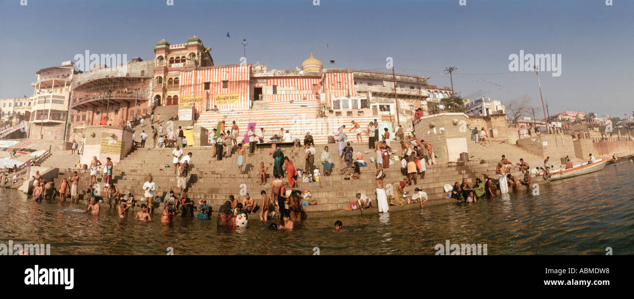 Bathers on the Kedar Ghat on the Ganges in Varanasi, Uttar Pradesh ...