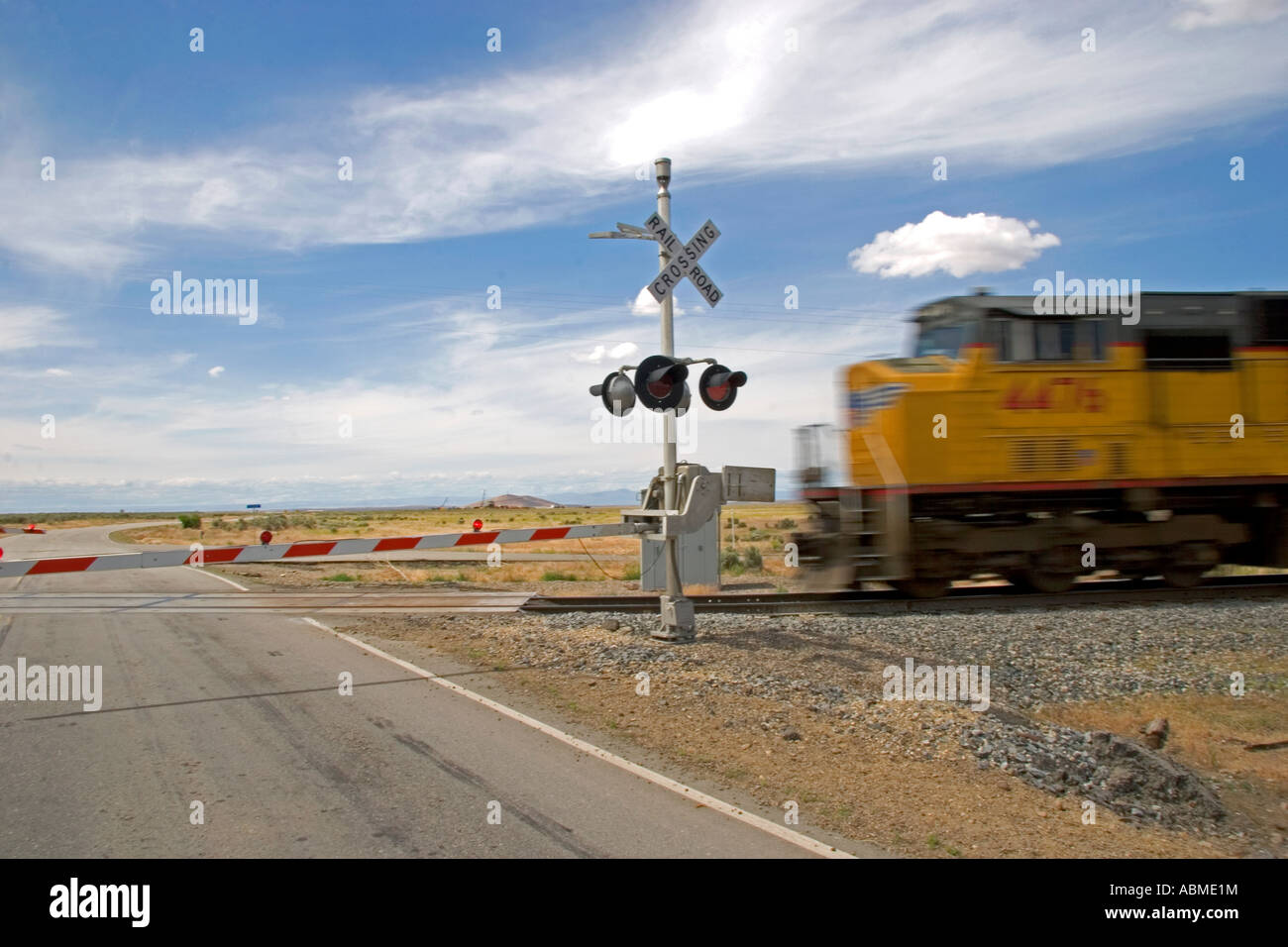 Union Pacific locomotive at a railroad crossing near Mountain Home ...