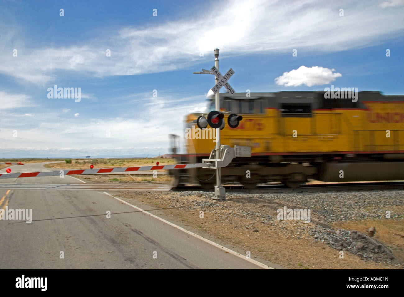 Union Pacific locomotive at a railroad crossing near Mountain Home ...
