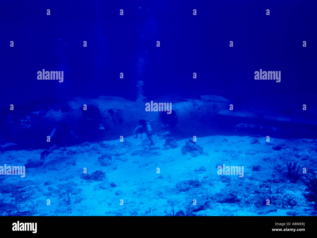 Scuba divers dive on an world war II aircraft in Cozumel, Mexico in ...