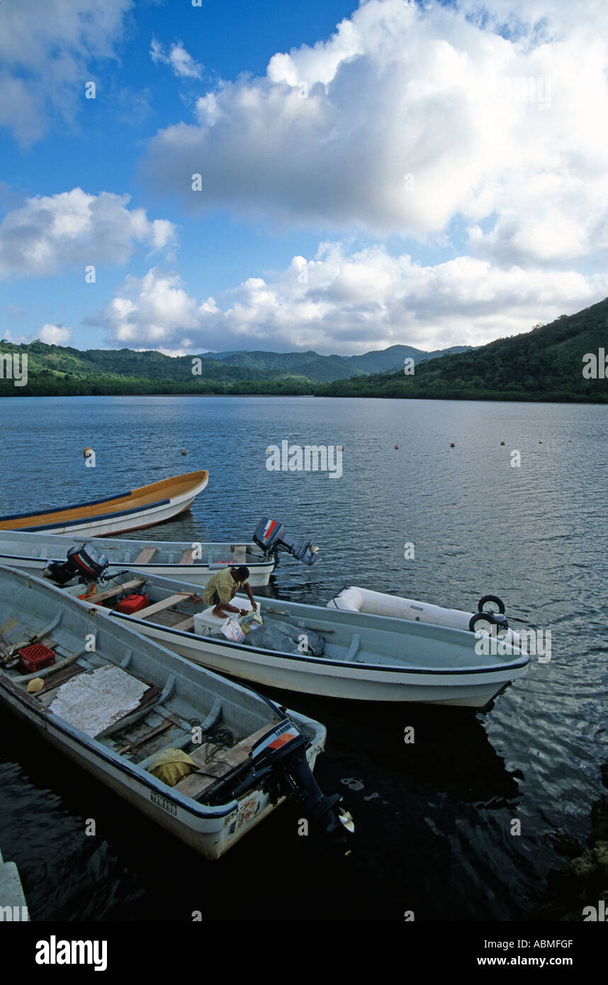 Boats tied up with Pacific island in background Stock Photo - Alamy