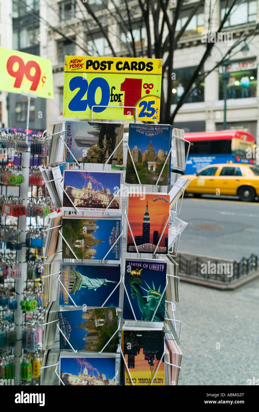 Rack of postcards showing classic tourist scenes and icons in New York ...
