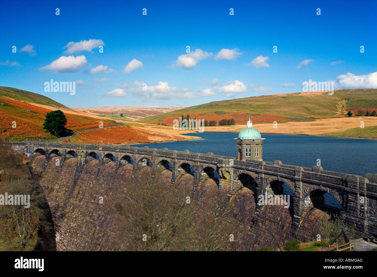 Horizontal colour picture of Craig Goch dam and reservoir, Powys, Wales ...
