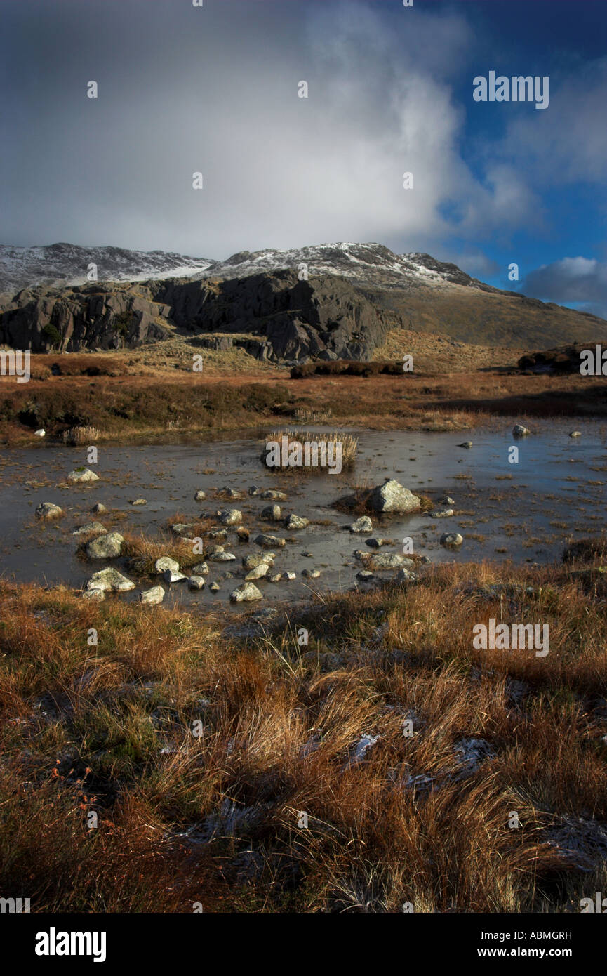 vertical portrait photo of an icy tarn on Hard Knott mountain in the ...