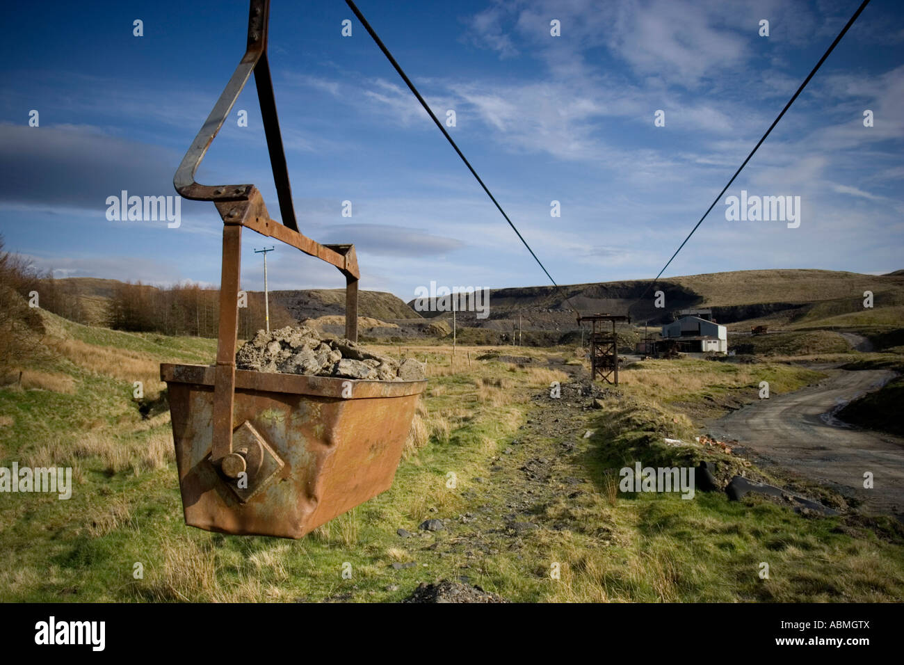 horizontal landscape photo of an old aerial ropeway carrying shale clay ...