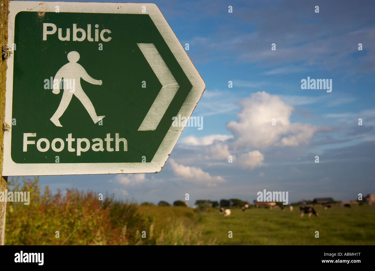 horizontal landscape photo of a public footpath sign at the edge of a ...