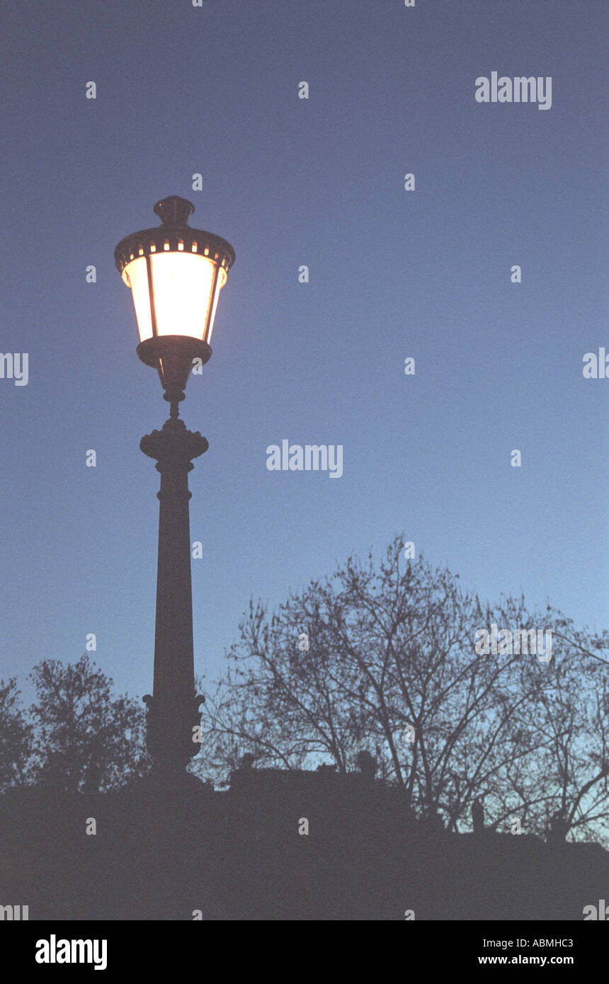 old fashioned lamp post lit at night with trees Stock Photo - Alamy