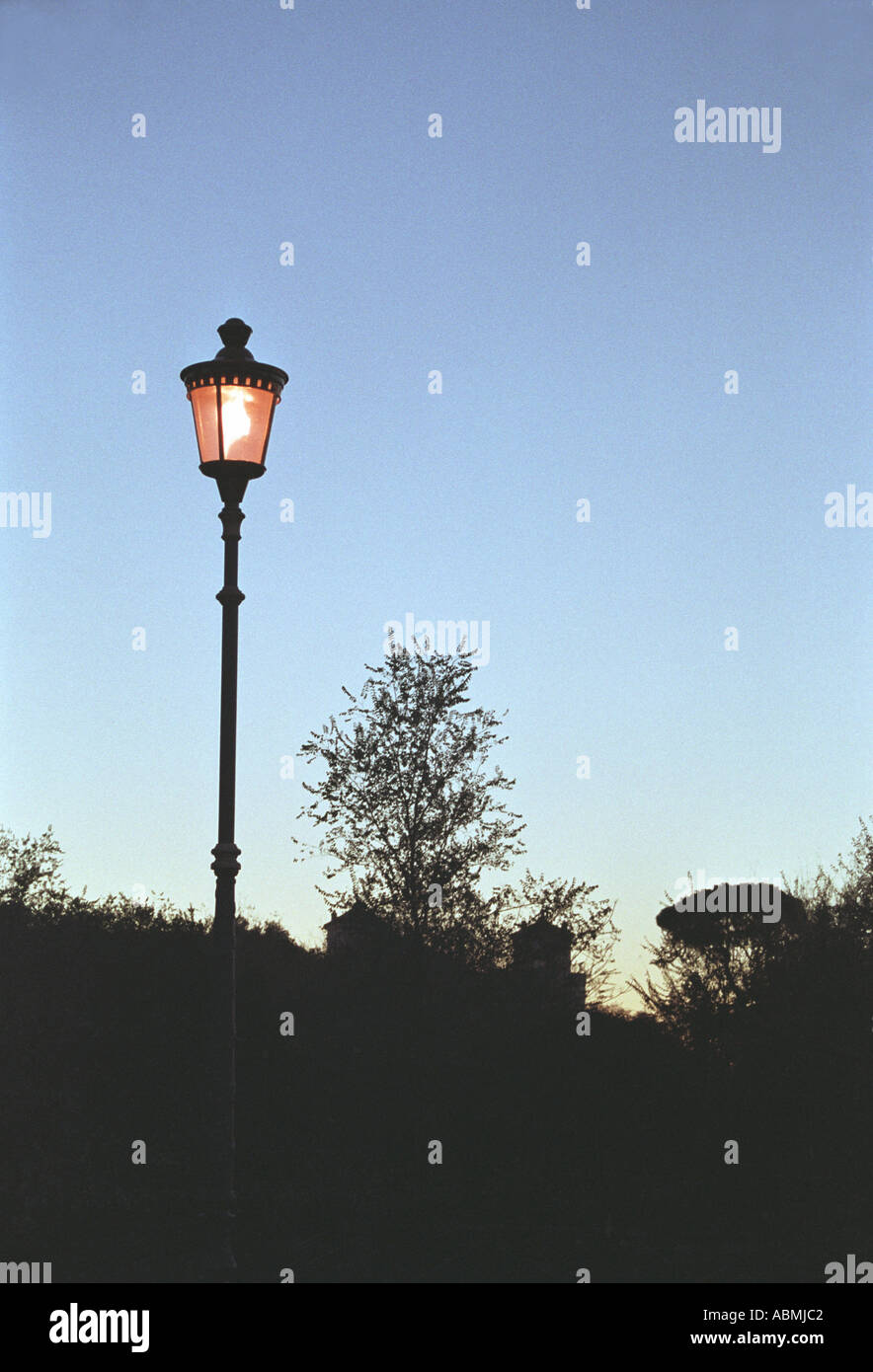 old fashioned lamp post lit at night with trees Stock Photo - Alamy