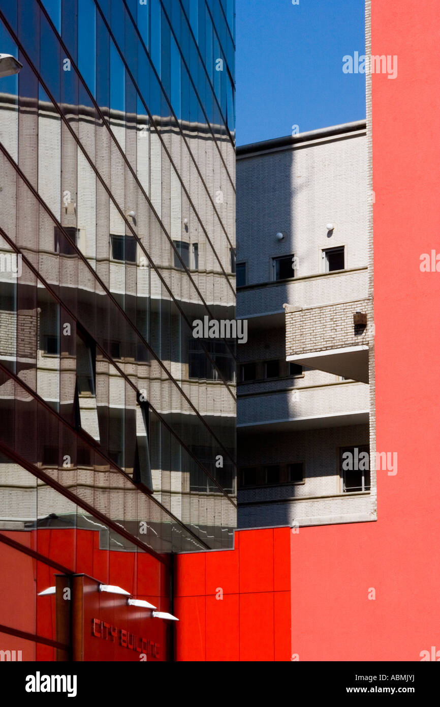 facade in red and blue reflecting old building in Rotterdam near ...
