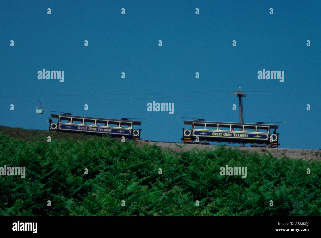 Two trams passing on the Great Orme Tramway, Llandudno, Conwy, Wales ...