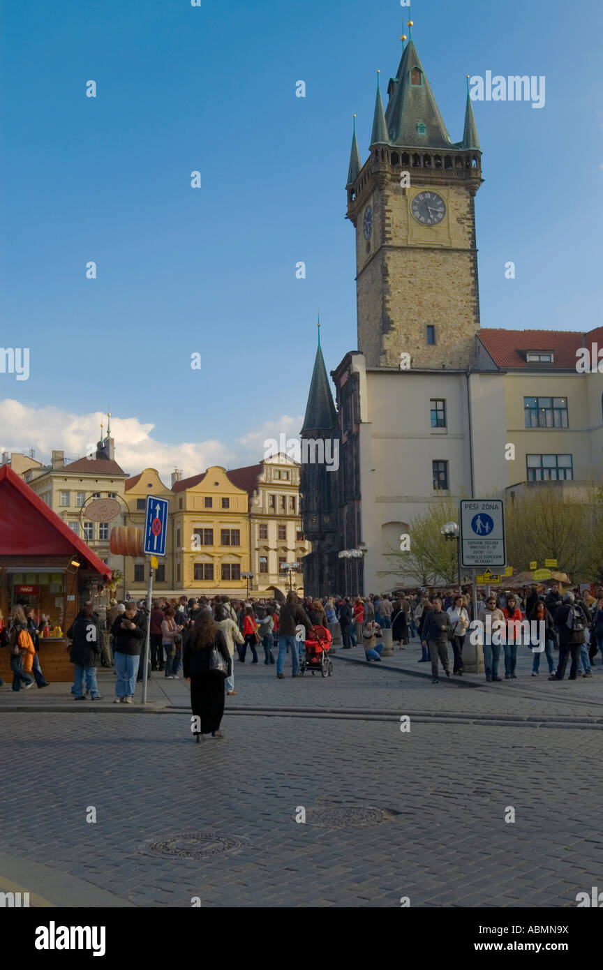 Staromestska square in Prague with tower of Town Hall. The tower was ...