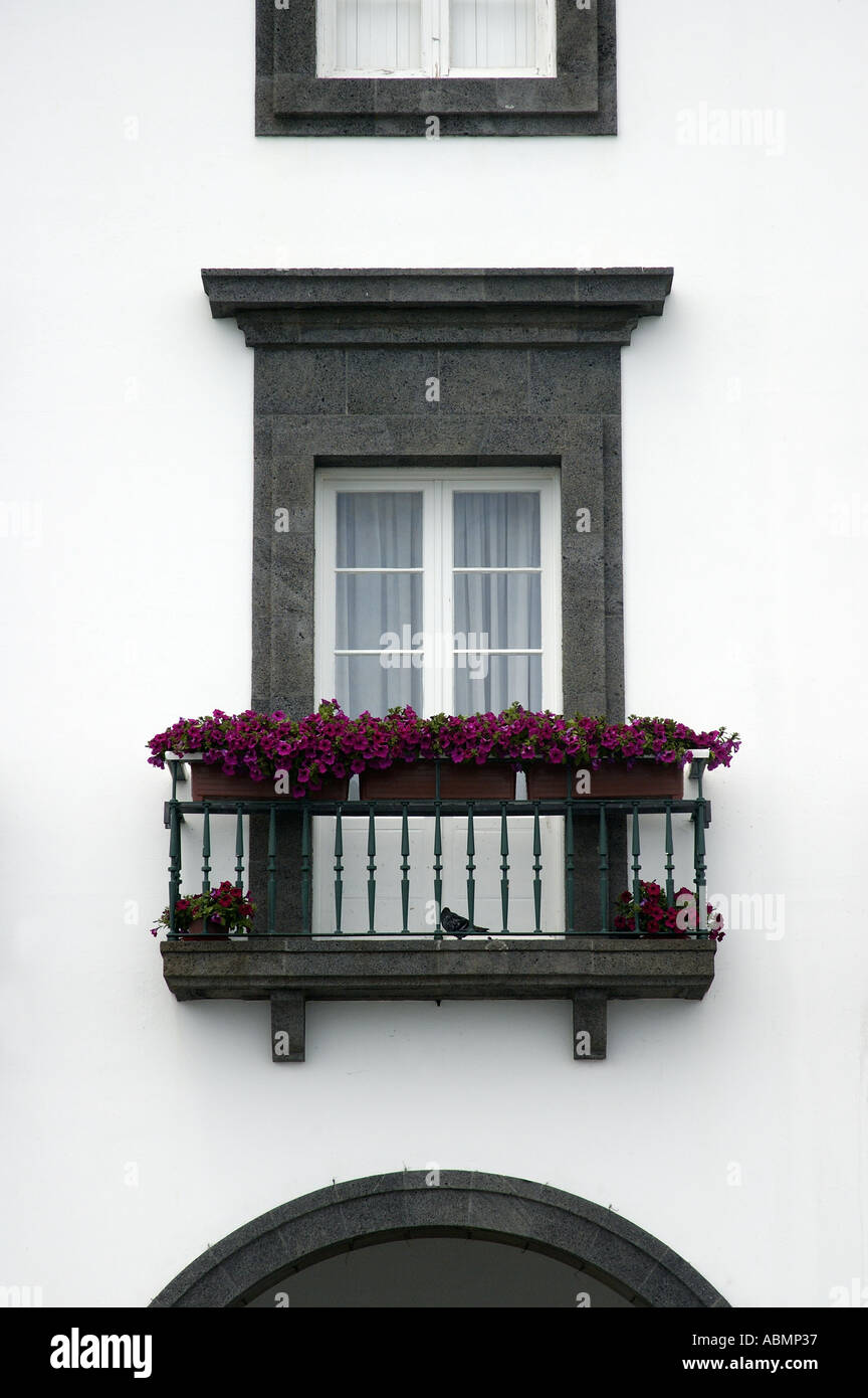 Balconied window made of black basalt rock on sea front Ponta Delgada ...