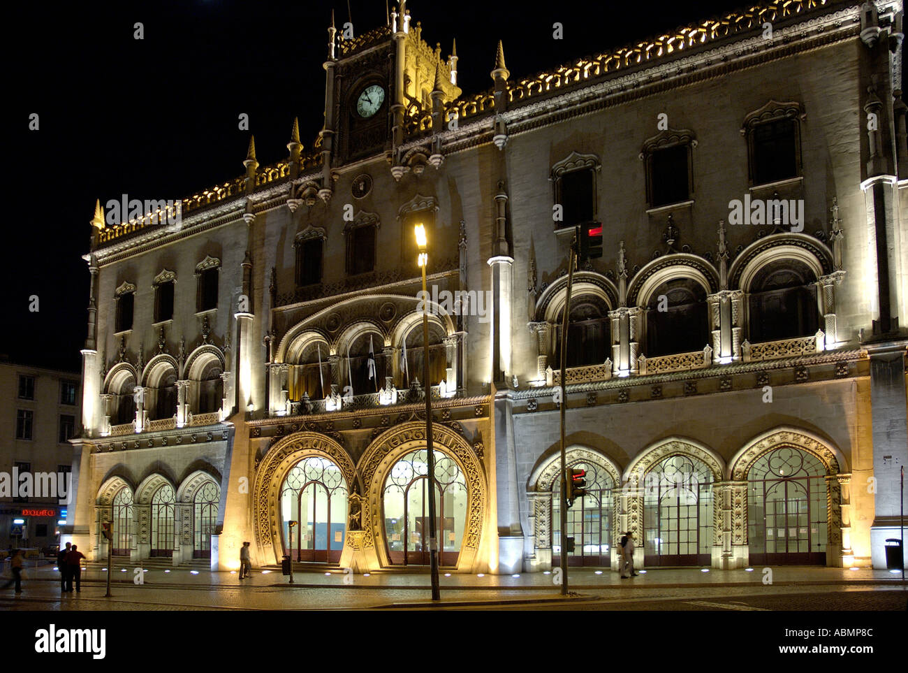 The neo Manueline styled Rossio station at night Stock Photo - Alamy