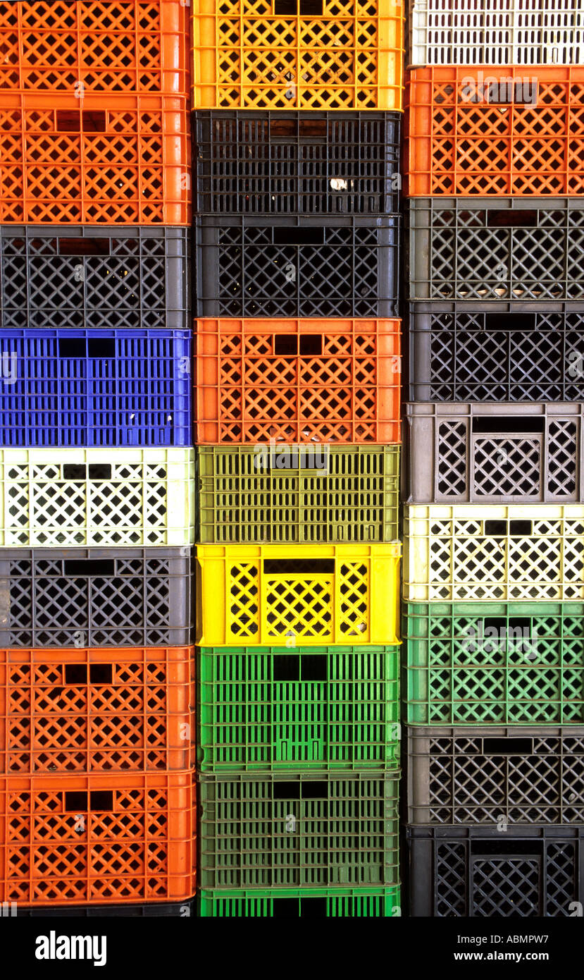 Colorful stack of boxes at the market place. Funchal, Madeira Stock ...