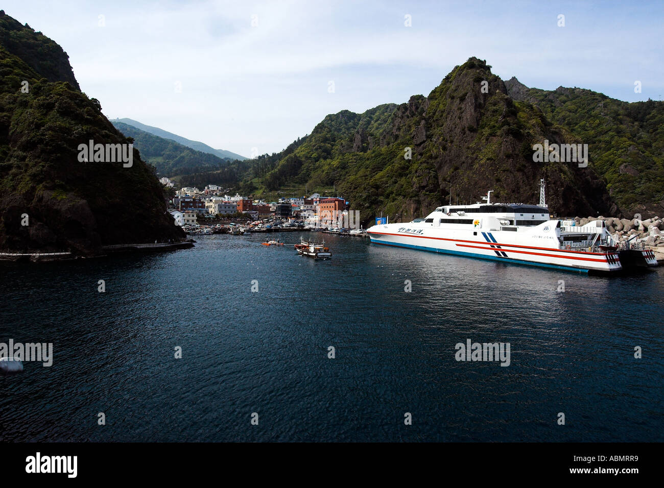Ferry boat docked at the village of Dodong Ri Ulleung Do South Korea ...