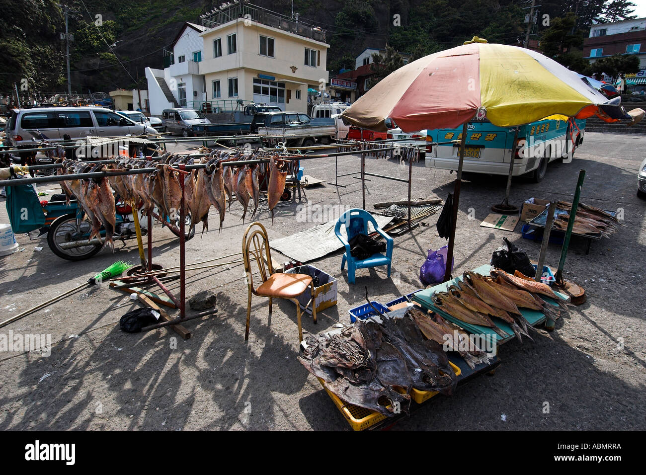Outdoors fish and seafood market at Dodong Ri harbor Ulleungdo South ...