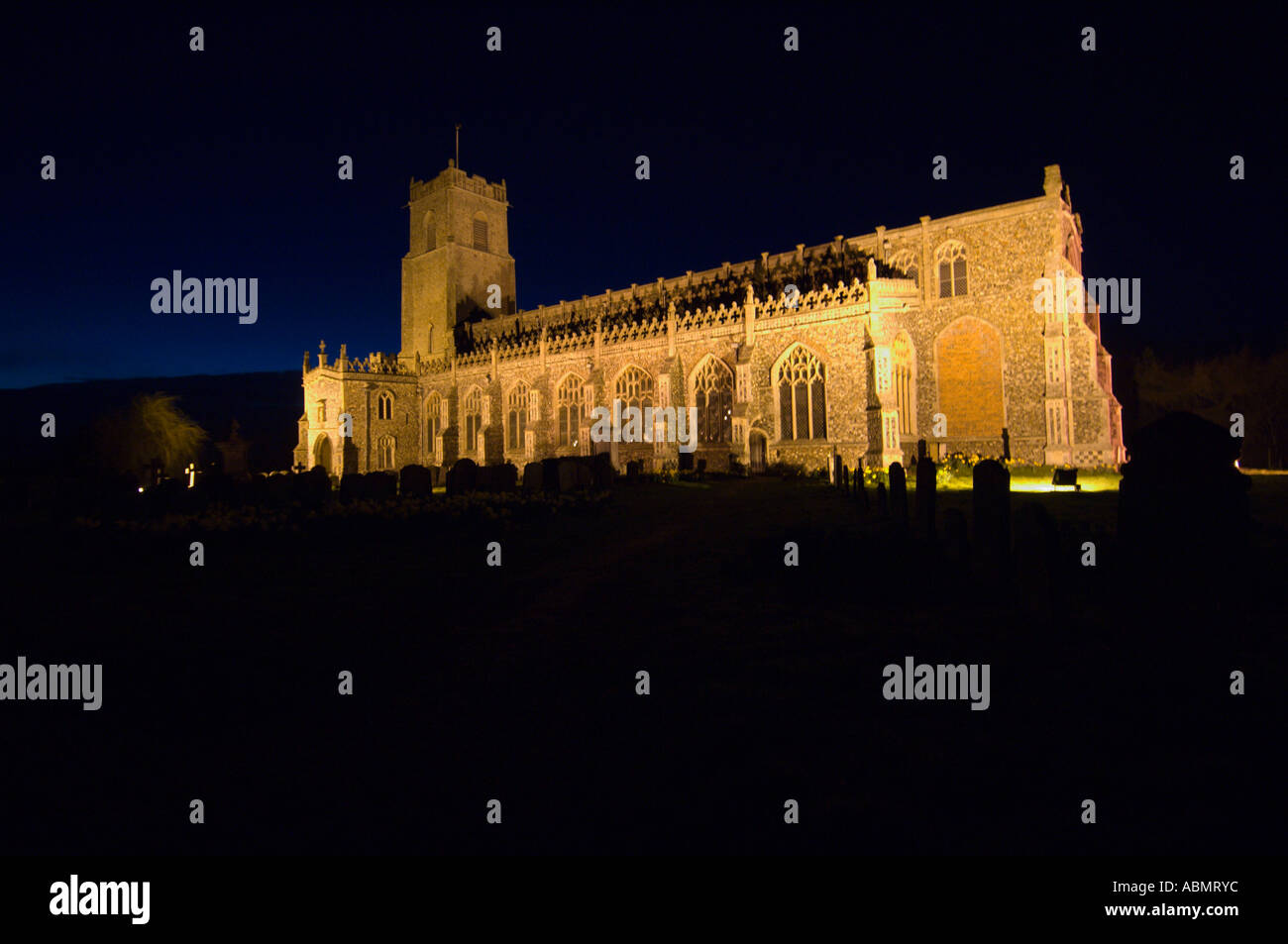 The Church of the Holy Trinity floodlit at night, Blythburgh, Suffolk ...