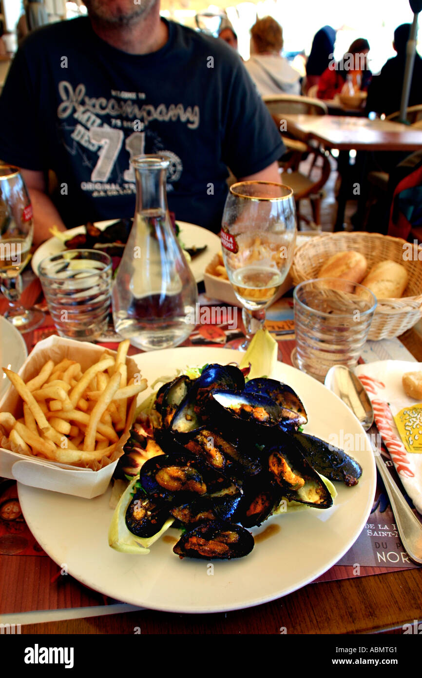 Mussels and Chips at a Bistro Table in the Town of Cognac Charente ...