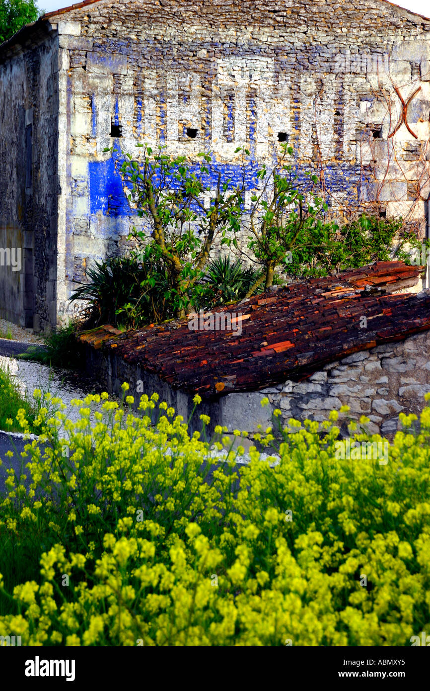 A barn with an old advertising sign in the Charente region of Western ...