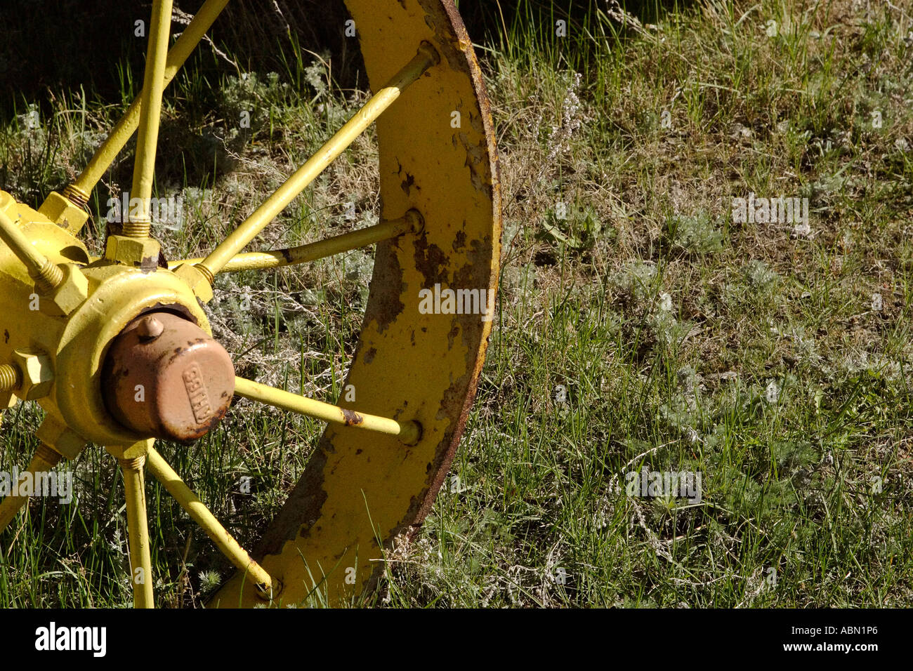An old steel wheel of a farm machine in the Sukanen Pioneer Village ...
