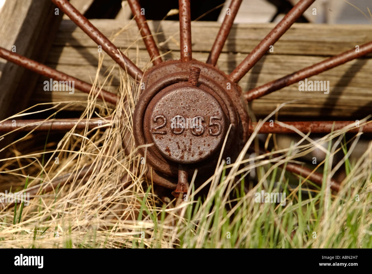 An old steel wheel of a farm vehicle in the Sukanen Pioneer Village ...