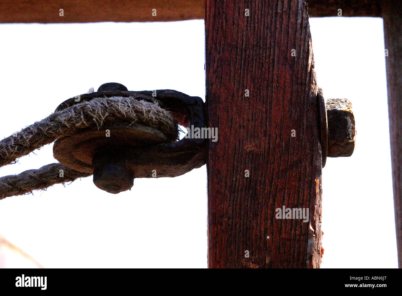 Frayed rope and pulling on an old ladder in the Sukanen Pioneer Village ...