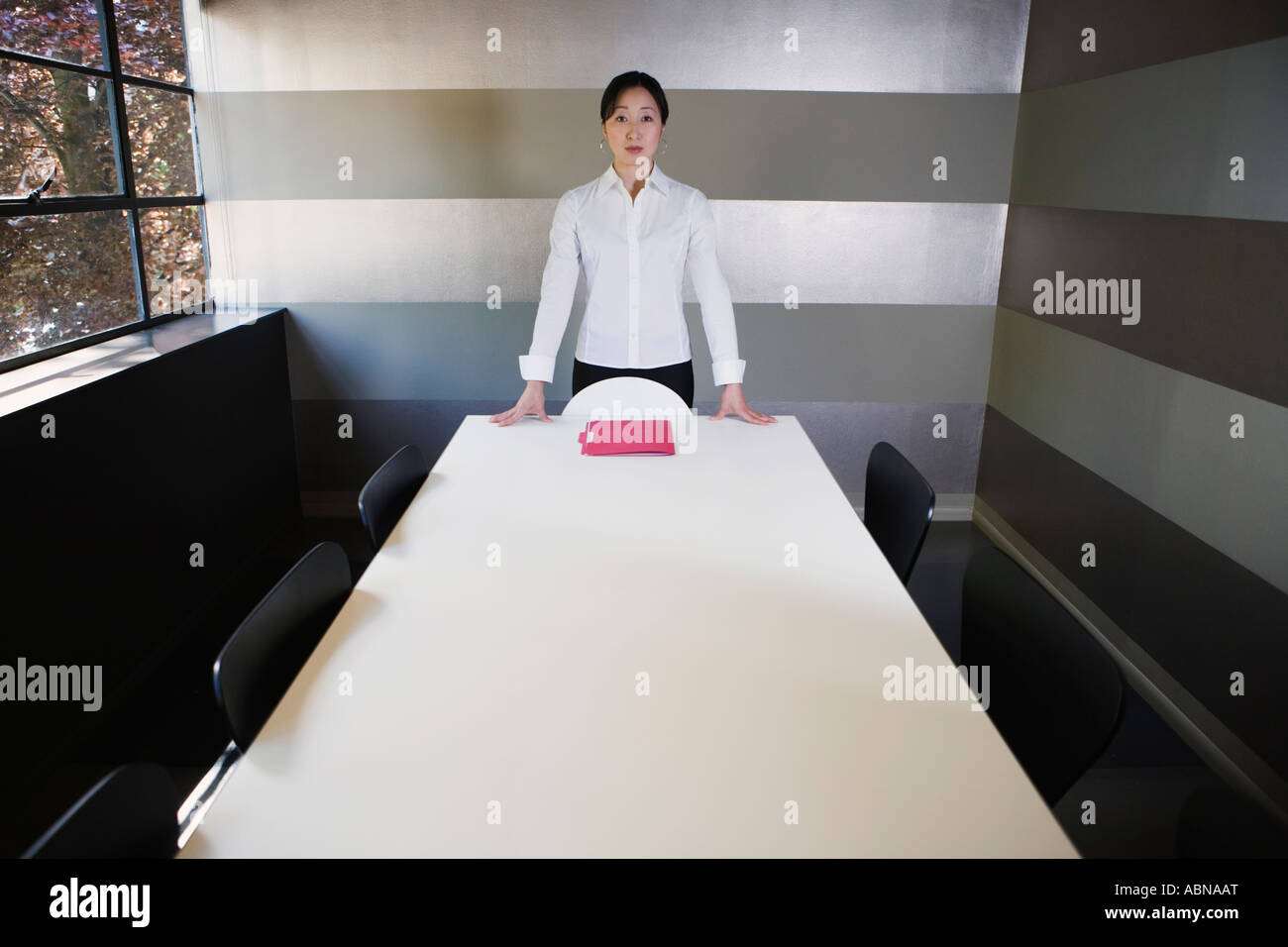 Businesswoman standing at head of conference table Stock Photo - Alamy