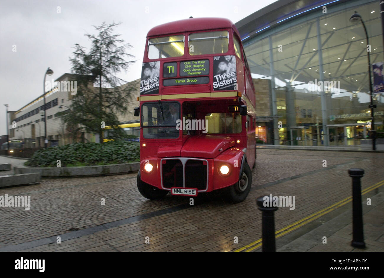 Route Master bus drives through Milton Keynes UK Stock Photo - Alamy