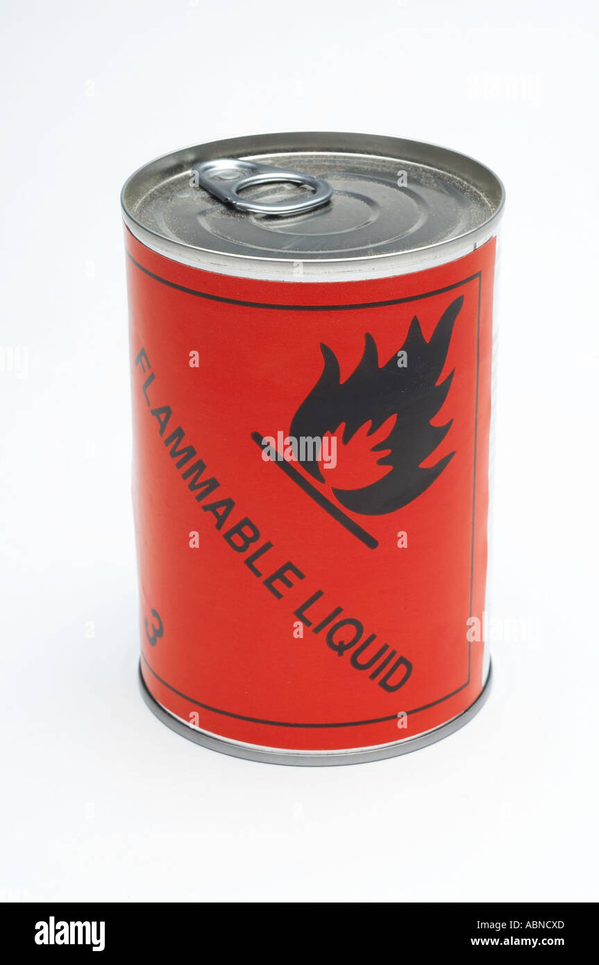 flamable, liquid, tin, can, warning, flame, fire Stock Photo - Alamy
