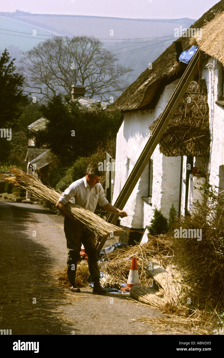 Devon Bickleigh crafts thatcher at work Stock Photo - Alamy