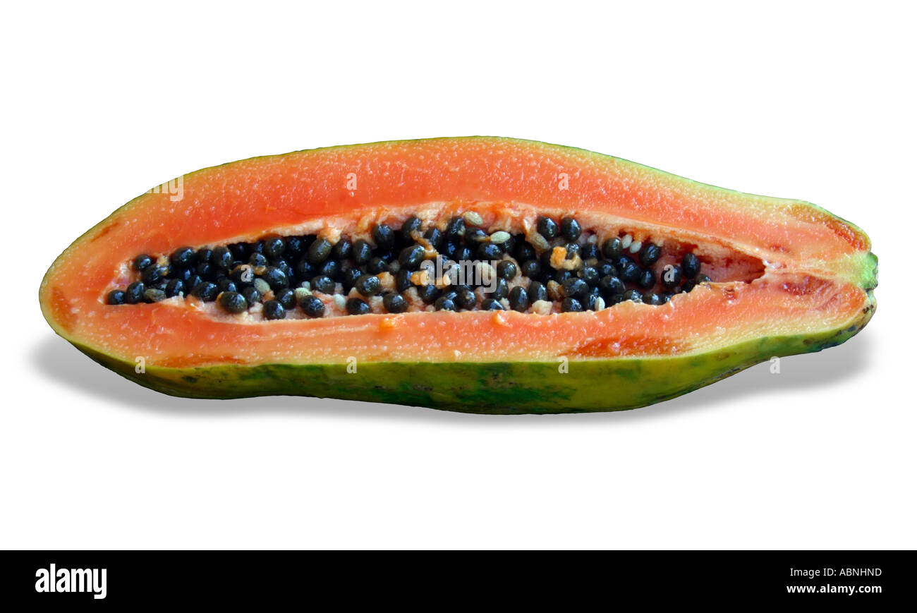 Papaya cut in half on a white background with a shadow Stock Photo - Alamy