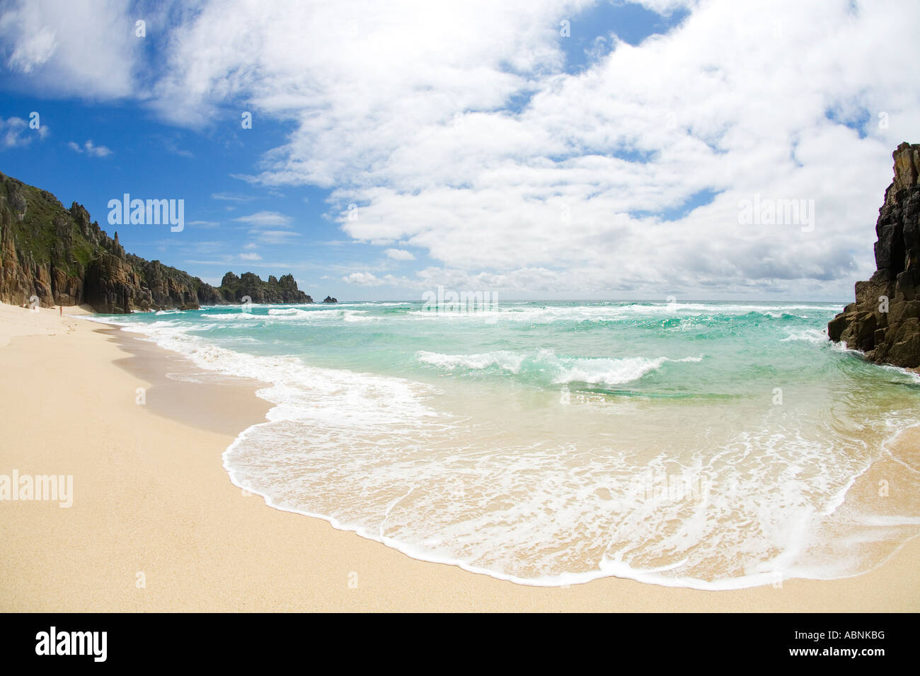 Cornish coast Pedn Vounder Pednvounder sandy beach with surf and cliffs ...