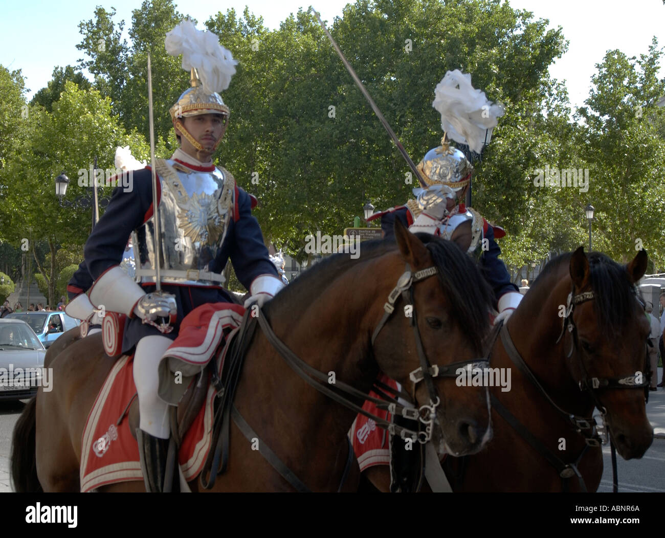 Horse Guards on parade at the Palacio Real Royal Palace Madrid Spain ...