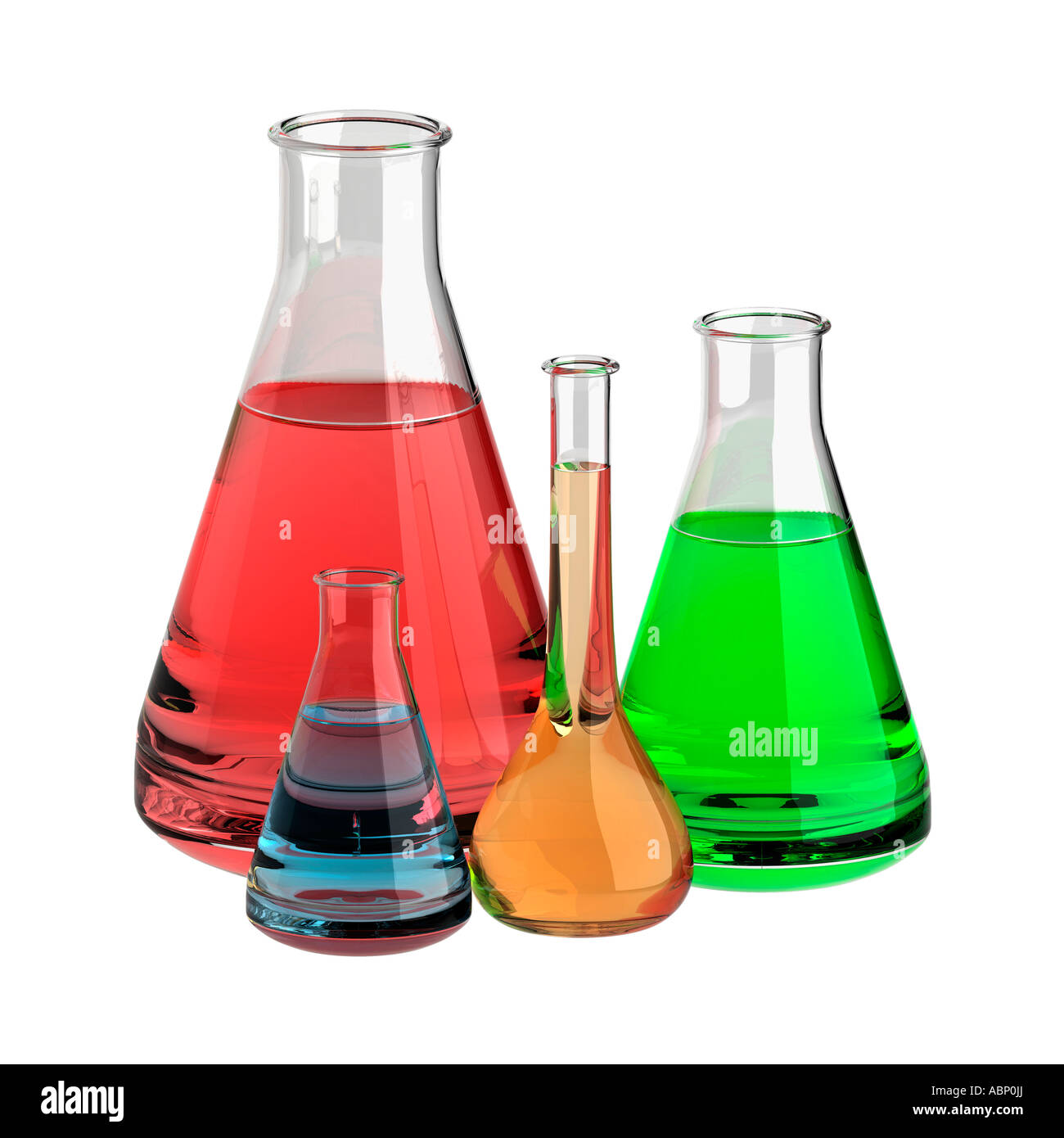 Various lab flasks containing colourful solutions Stock Photo - Alamy