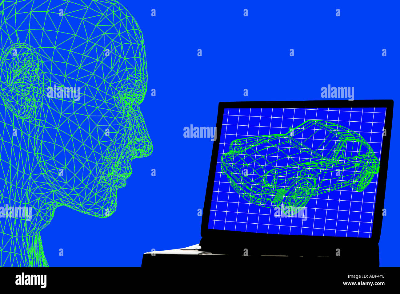 robotic computer operator with wire frame image of car on computer ...